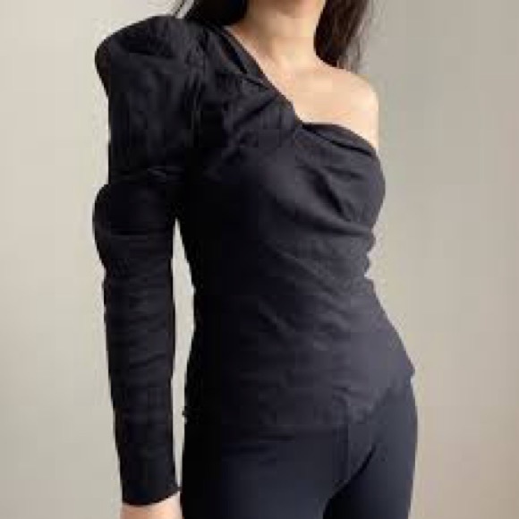 Zara | Tops | Zara One Shoulder Long Sleeve Linen Blend Top Black ...